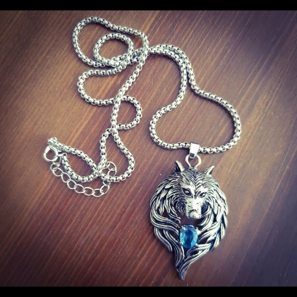 Vintage | Jewelry | Vtg Stainless Steel Blue Sapphire Wolf Necklace ...
